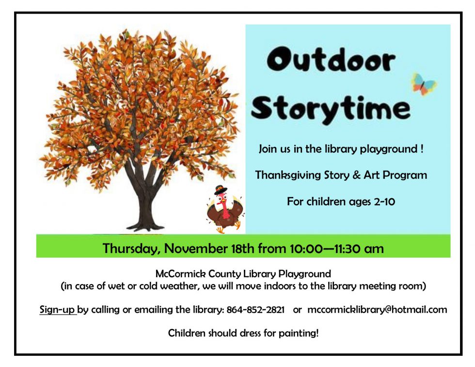 Outdoor Storytime November 18th, 2021 | McCormick County Library