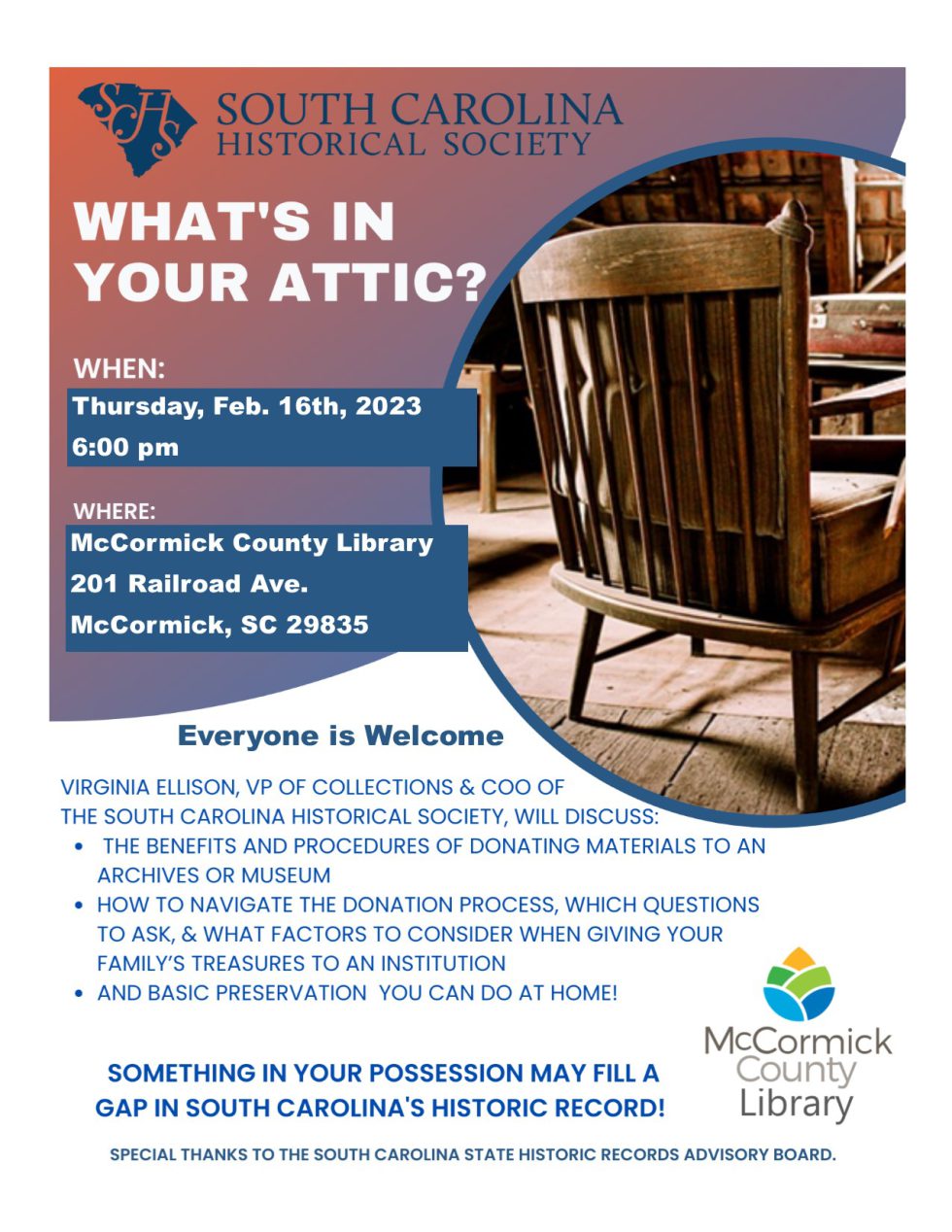 “What’s In Your Attic?” with Virginia Ellison – Feb 16th, 2023. | McCormick County Library